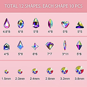 Nail Art Rhinestones Kit HUETFAT 120Pcs Multi Shapes Glass Crystal Ab nail Stones Nail Jewels + Flatback Nail Gems Rhinestones for Nails 2400Pcs With Pick Up Tweezer and Wax Pencil (120+2400pcs)