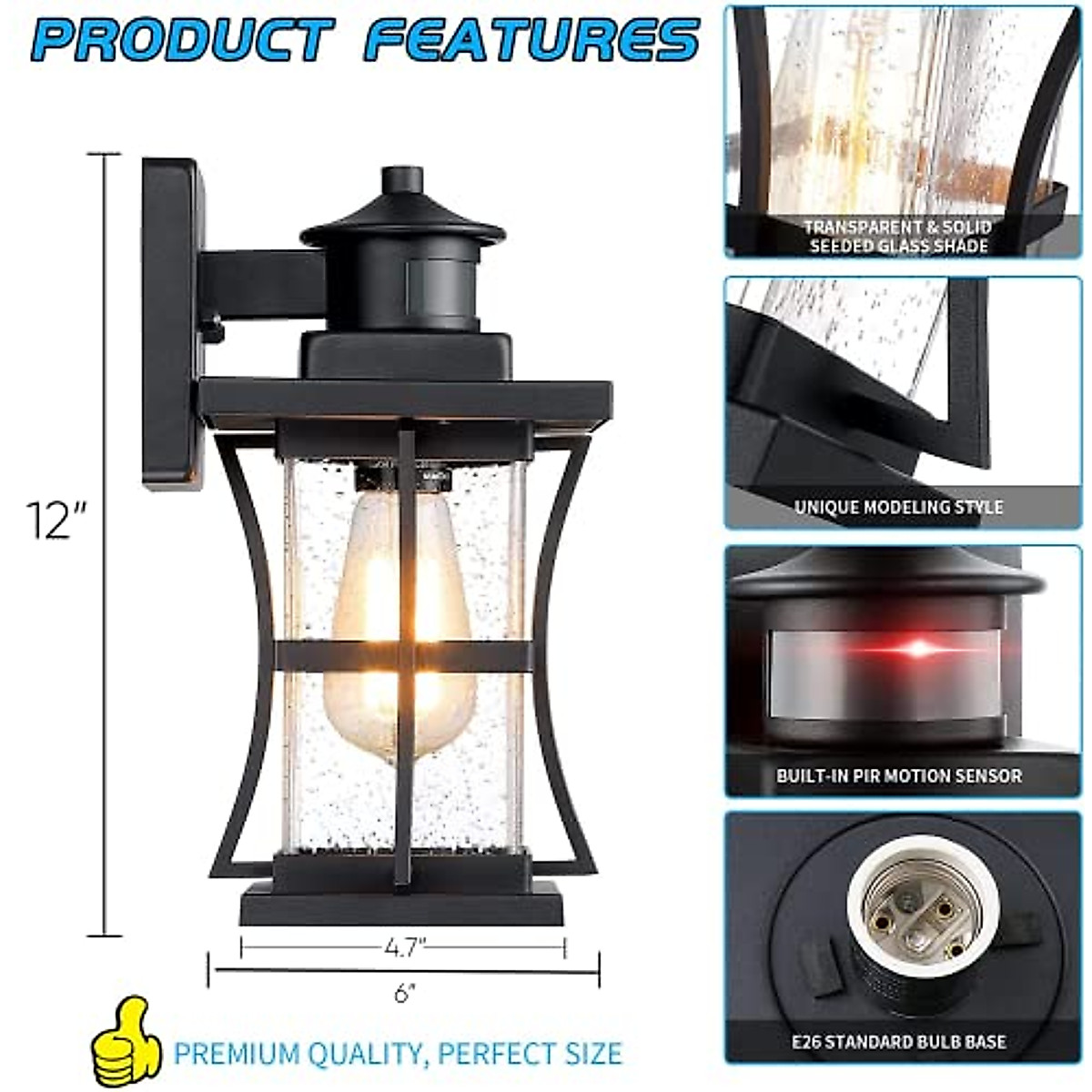 Motion Sensor Outdoor Wall Lights Fixture, Advanced Dusk to Dawn Exterior Lighting, Outside Light for House, Garage, Anti-Rust Waterproof Front Porch Lanterns Fixtures Wall Mount, Seeded Glass, Black