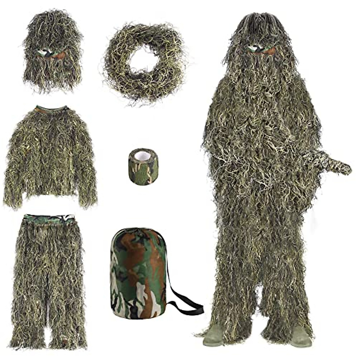 Slendor 6 in 1 Ghillie Suit, 3D Camouflage Hunting Apparel Camo Hunting Clothes, Bushman Costume Including Jacket, Pants, Hood, Carry Bag, Suitable for Kids, Hunters, Paintball