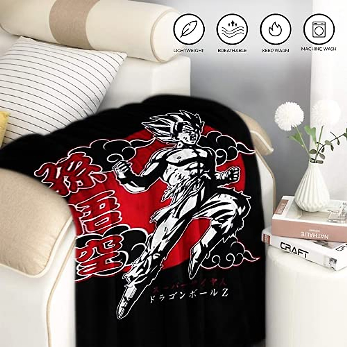 Stunned Mind Dragon Ball Z Blanket with Black/White and Red Accents, with Magnet Featuring Goku Using his Kamehameha Wave, 45” x 60”, Shonen Jump Set