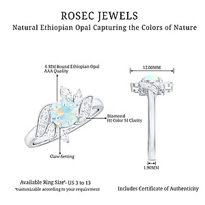 Natural Opal Diamond Flower Engagement Ring for Women, AAA Quality, Ethiopian Opal Floral Ring - With Jewelry Box, 14K White Gold, Size:US 6.00