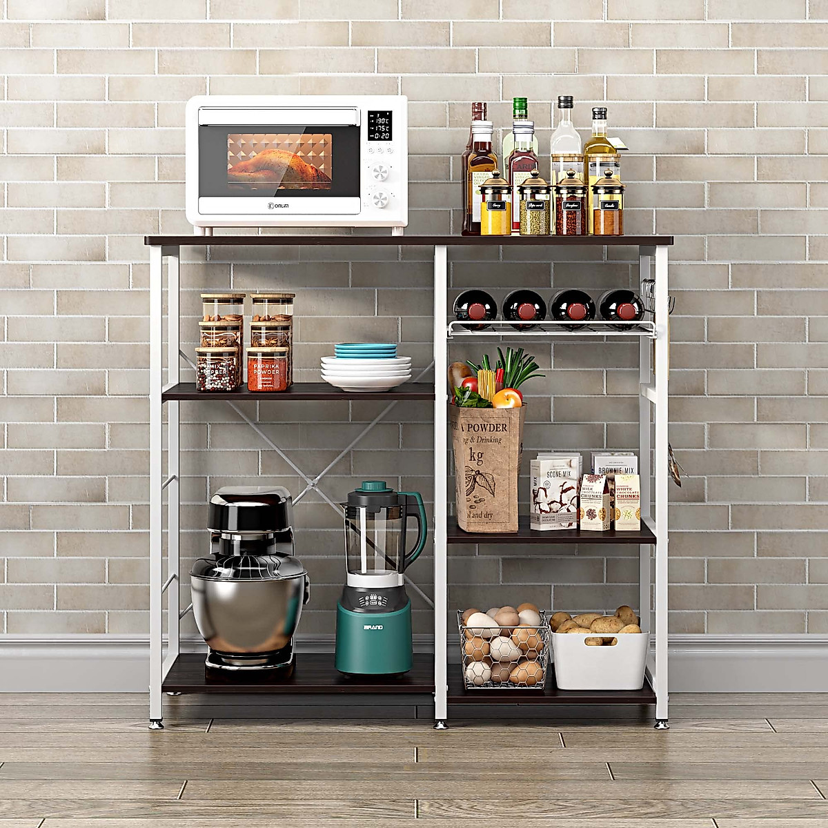 Wellynap Kitchen Baker's Rack, Coffee Bar Cabinet, Microwave Stand with 3-Tier Bakers Racks for Kitchens with Storage, Black