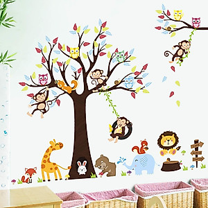 LiveGallery Cartoon Animals Wall Decals Removable Tree Wall Stickers DIY Owls Wall Art Cute Monkey Elephant Giraffe Wall Decal for Kids Boys Children Bedroom Playroom Nursery Rooms Decoration 39"x65"