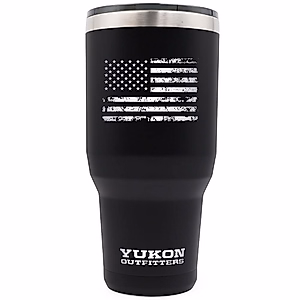 Yukon Outfitters Freedom High Grade 18/8 Stainless Steel Double Wall Vacuum Insulated Tumbler (40oz / 1183ml) - 8.8" H x 4.2" Top Dia. / 3" Bottom Dia., Black with 'Distressed USA Flag' Engraving