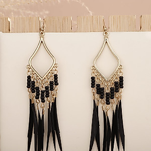 YERTTER Gold Long Dangle Bohemian Black Fake Feather Tassel Dangle Beads Earrings Halloween Tassel Earrings Light Feather Vintage Hook Ear Accessories Gift for Women Girls （Style 1）