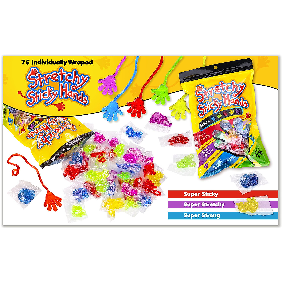 Giraffe Manufacturing 75 Piece Assortment of Small and Large Glitter Slappy Hands Treasure Box - Kids Party Favors, Sticky Hands, Bulk Toys for kids.