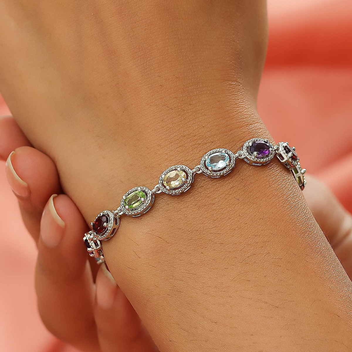 SHOP LC 925 Sterling Silver Gemstone Link Tennis Bracelet for Women Platinum Plated Peridot Amethyst Topaz Citrine Garnet 7.25" Ct 6.8 Birthday Gifts for Women