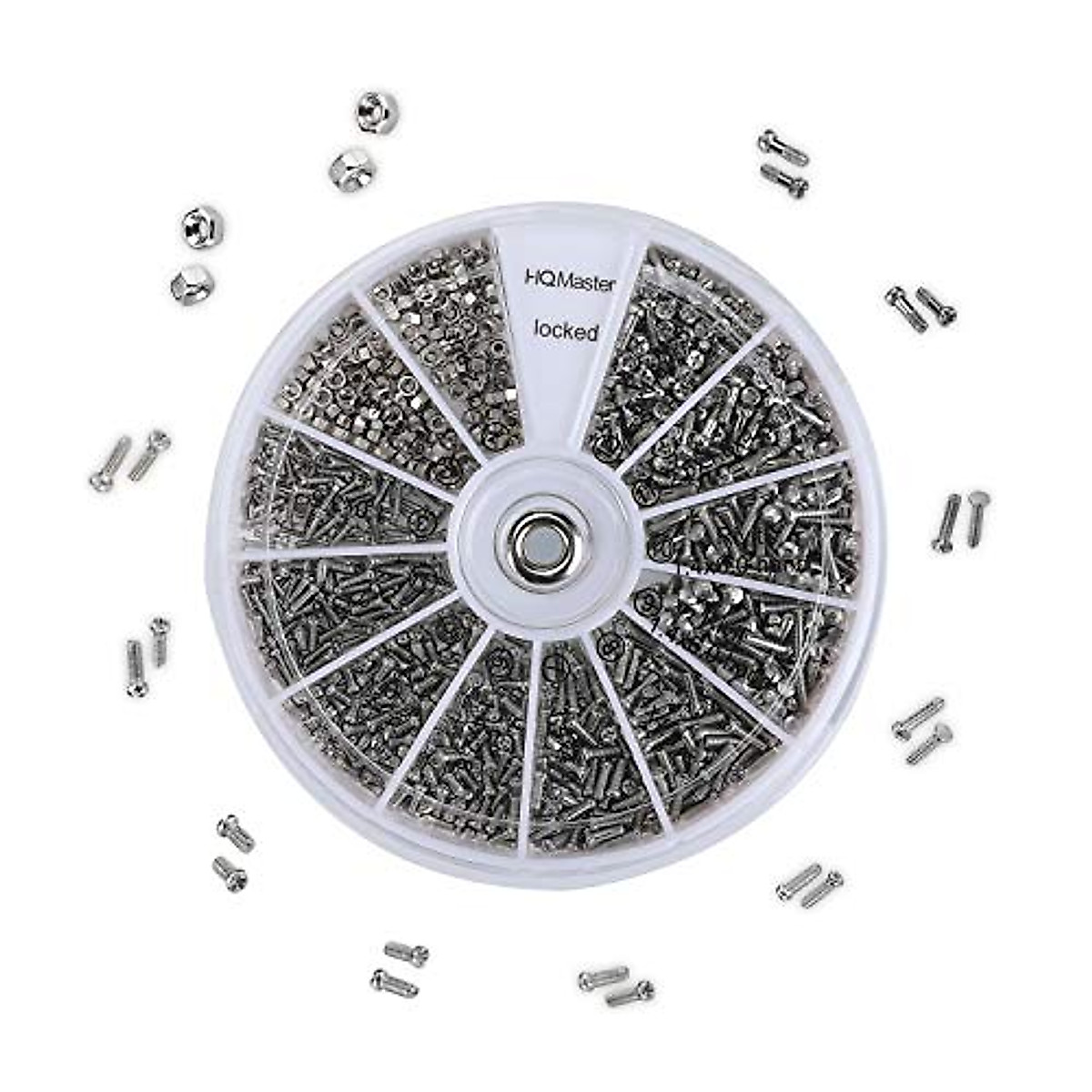 HQMaster 1000Pcs Eyeglasses Sunglass Spectacles Tiny Screws Nut Assortment Repair Tool Kit Set with Tweezer Micro Screwdriver (Round Case)