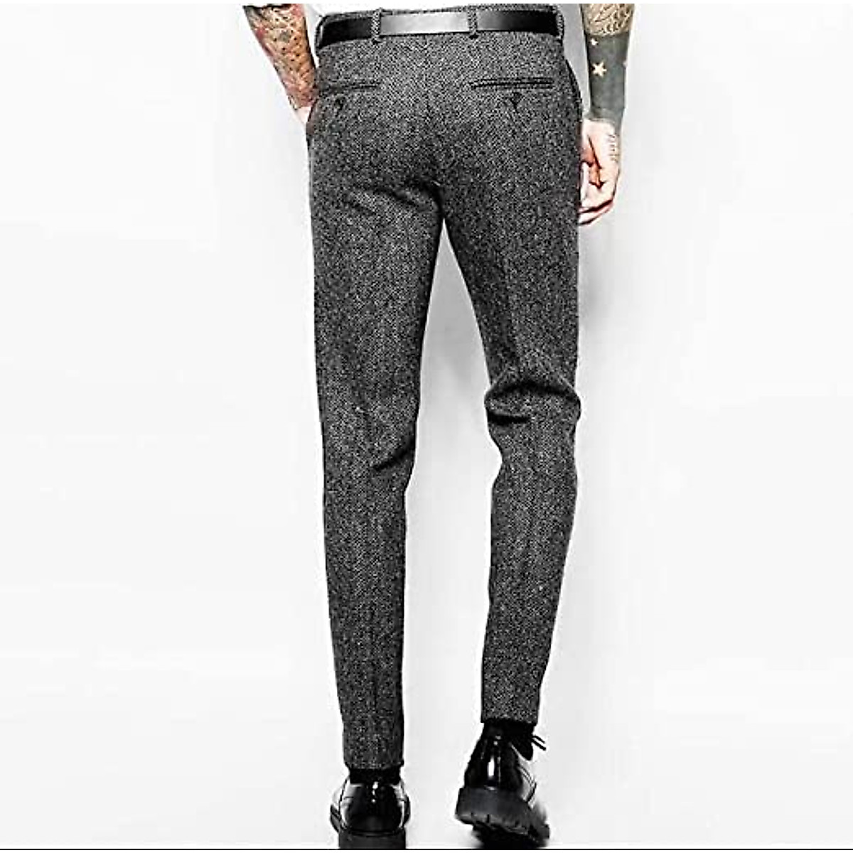 Mens Vintage Tweed Dress Pants Herringbone Pattern Trousers Regular Fit Business Suit Pants(Grey,34W32L)