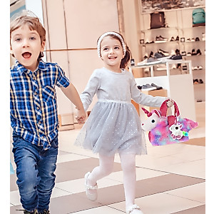 DolliBu Unicorn Bags and Keychain Set of 3-2 Unicorn Stuffed Animal Purse Bags for Girls and 1 Keychain, Removable Unicorns in Sequin and Furry Handbags for Dress Up