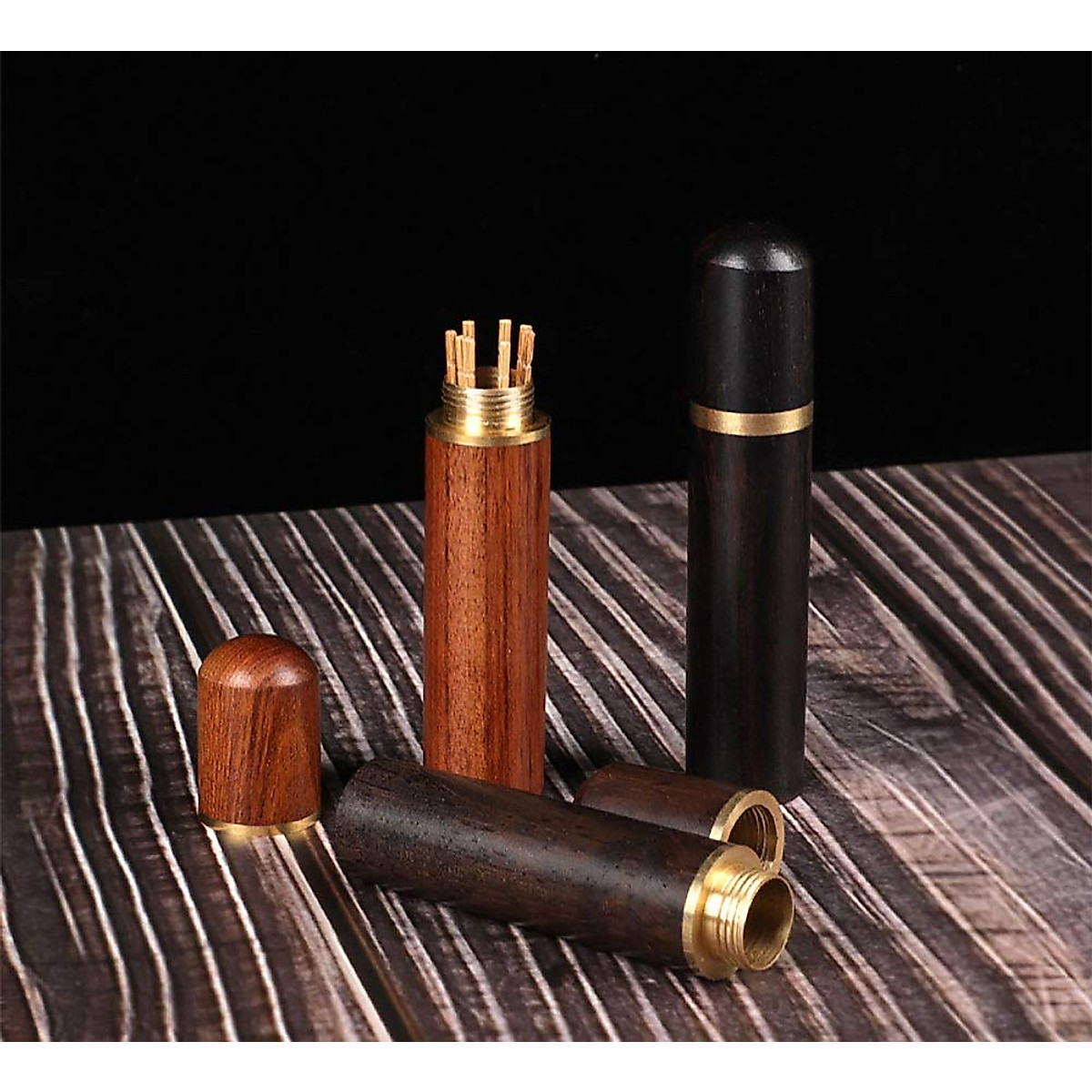 Goeielewe 4 Pcs Portable Wooden Toothpick Holder, Pocket Tooth Pick Dispenser Bucket Needle Case, Wood Toothpick Holder Mini Toothpick Box Storage (Random Color)