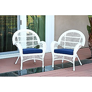 Jeco Wicker Chair with Blue Cushion, Set of 2, White/W00209-