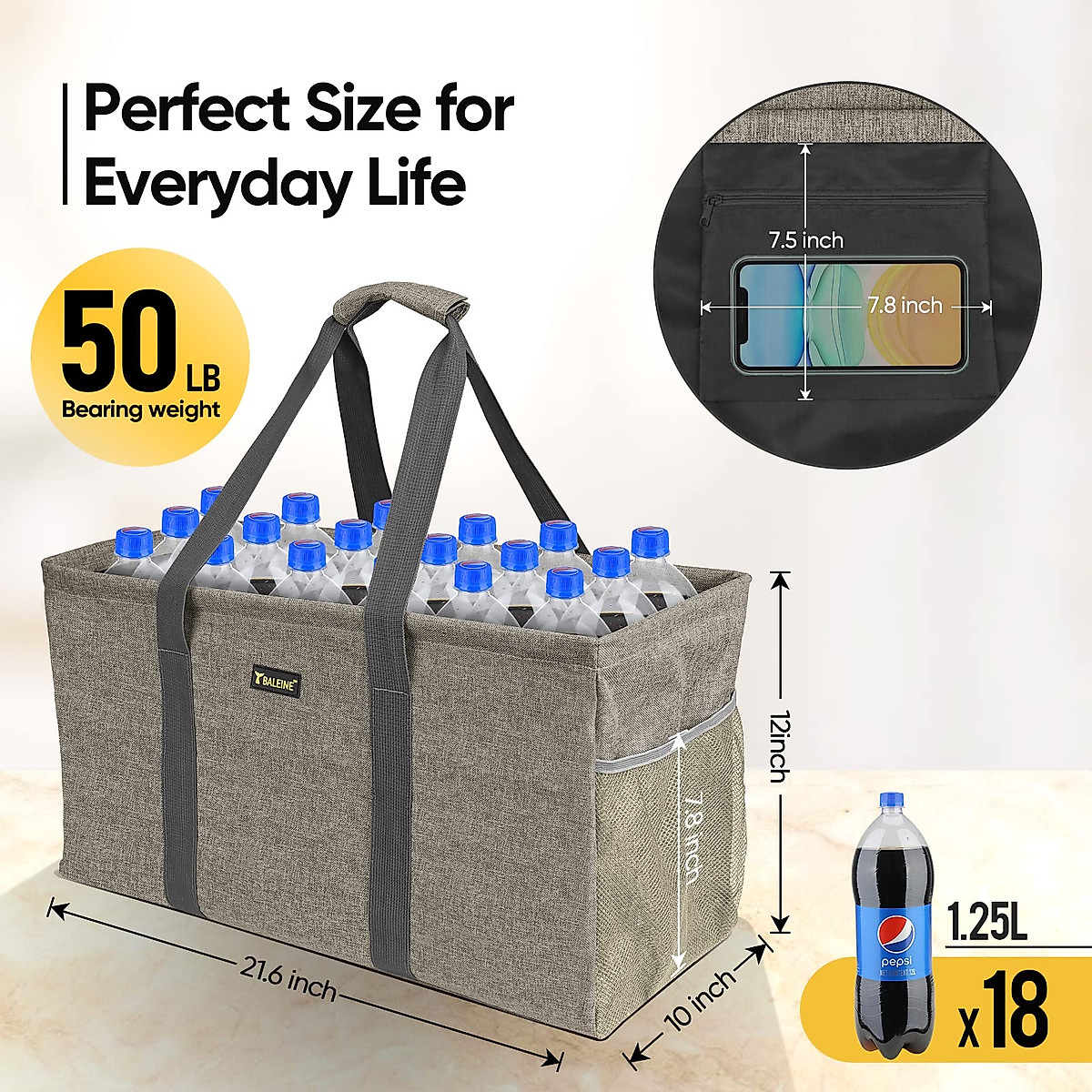 BALEINE Extra Large Utility Tote Bag with Wire Frame for Storage (Yellow, 22''x12''x10'')