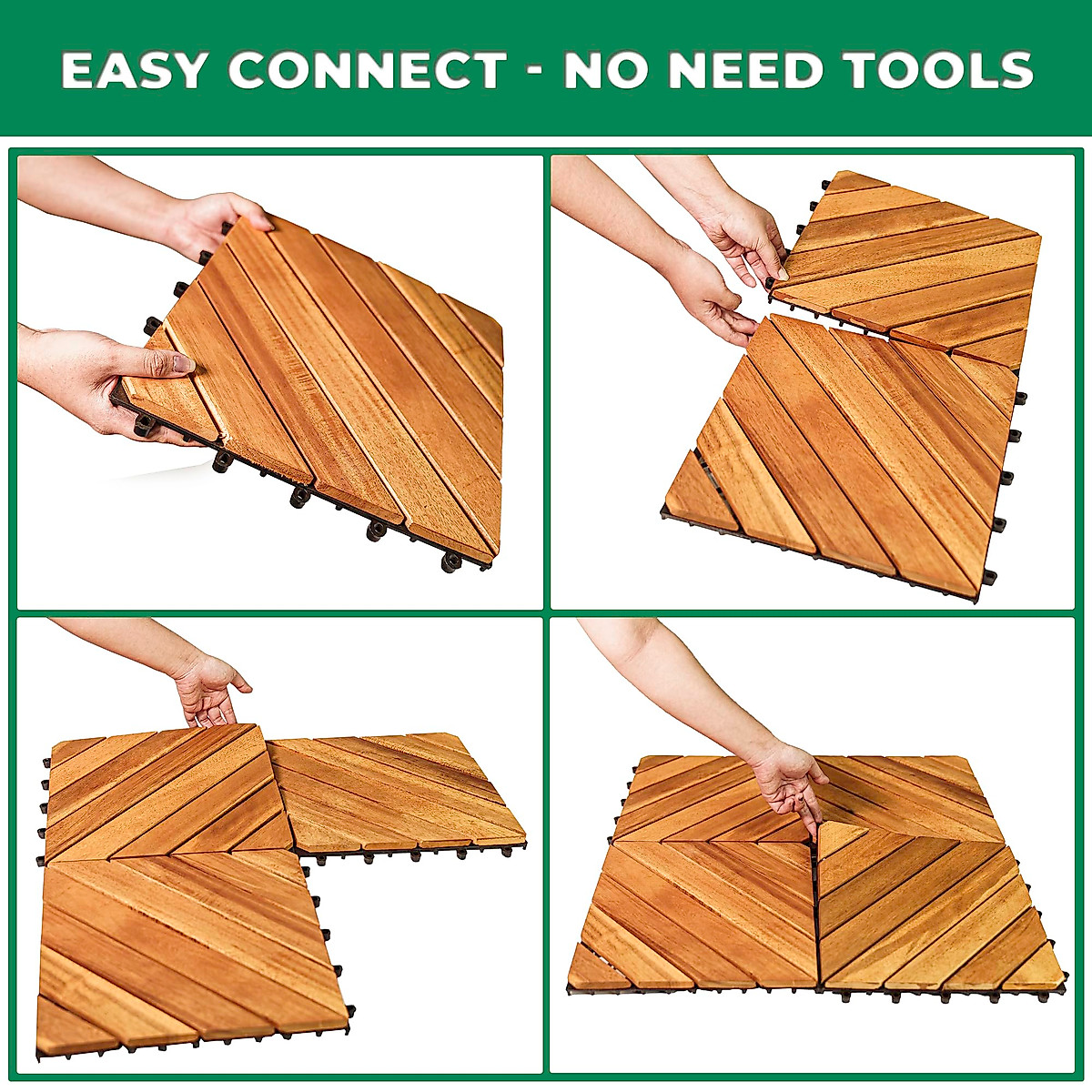 Interlocking Deck Tile (Pack of 10, 12"x12") Acacia Hardwood Deck Tile, Interlocking Patio Tile in Solid Acacia Wooden Oiled Finish Waterproof all Weather Perfect for Indoor Outdoor(Golden Teak Color)