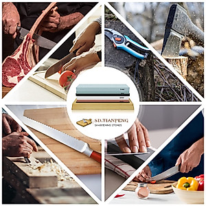 SD.TIANPENG Whetstone Knife Sharpening Stone Kit 400/1000＆3000/8000 Grit 2 Side Professional Knife Sharpener Waterstone Set with Leather Strop, Polishing Compound, NonSlip Bamboo Base, Angle Guide