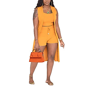 Remxi Women Ribbed Knit 3 Piece Outfits Tank Crop Sleeveless Kimono Cardigan Bodycon Short Pants Matching Sets Tracksuit Light Orange XL