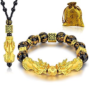 Feng Shui Black Obsidian Wealth Bracelet Necklace Pi Xiu Set for Women Men, Good Luck Necklace Feng Shui Bracelet