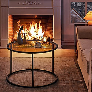 SAYGOER Glass Coffee Table Round Modern Coffee Tables Small Mid Century Coffee Table for Living Room Home Office Simple Retro Table Top with Metal Frames, Easy Assembly, Brown Black