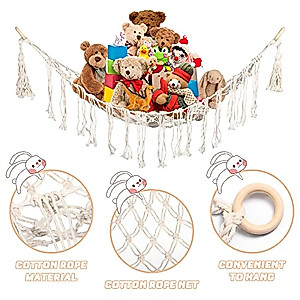 Cabilock Macrame Toy Hammock Macrame Hanging Net Kids Hanging Toys Fruit Basket Boho Wall Baskets Organizer Baskets Countertop Space Saver for Fruits Vegetables Corner Stuffed Animal Hammock