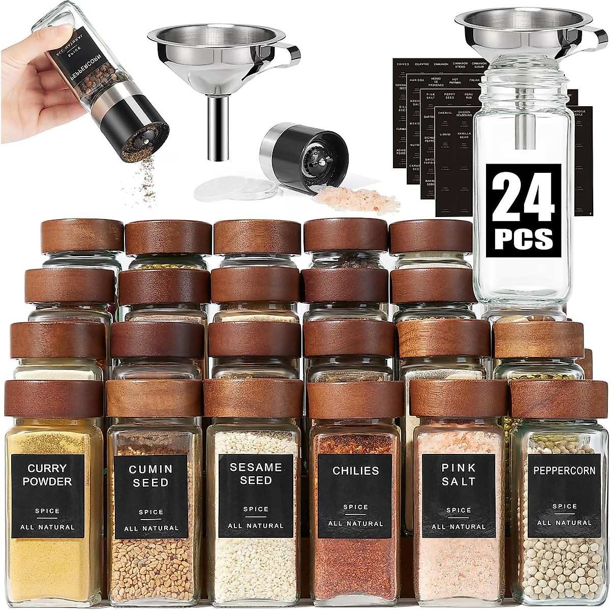 Yangbaga 24Pcs Glass Spice Jars with Labels，4oz Empty Square Spice Bottles with acacia wood lid & Shaker Lids and Silicone Collapsible Funnel Included