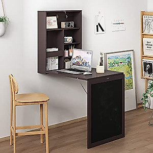 JAXPETY Wall Mounted Space-Saving Desk, Fold Out Computer Laptop Desk with Storage Bookcase & Chalkboard, Convertible Writing Desk for Home Office, Brown