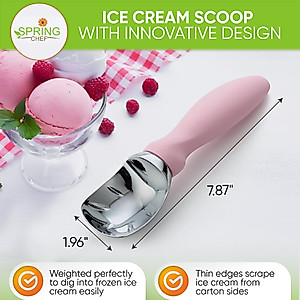 Spring Chef Ice Cream Scoop with Soft Grip Handle, Professional Heavy Duty Sturdy Scooper, Premium Kitchen Tool for Cookie Dough, Gelato, Sorbet, Pink Lemonade
