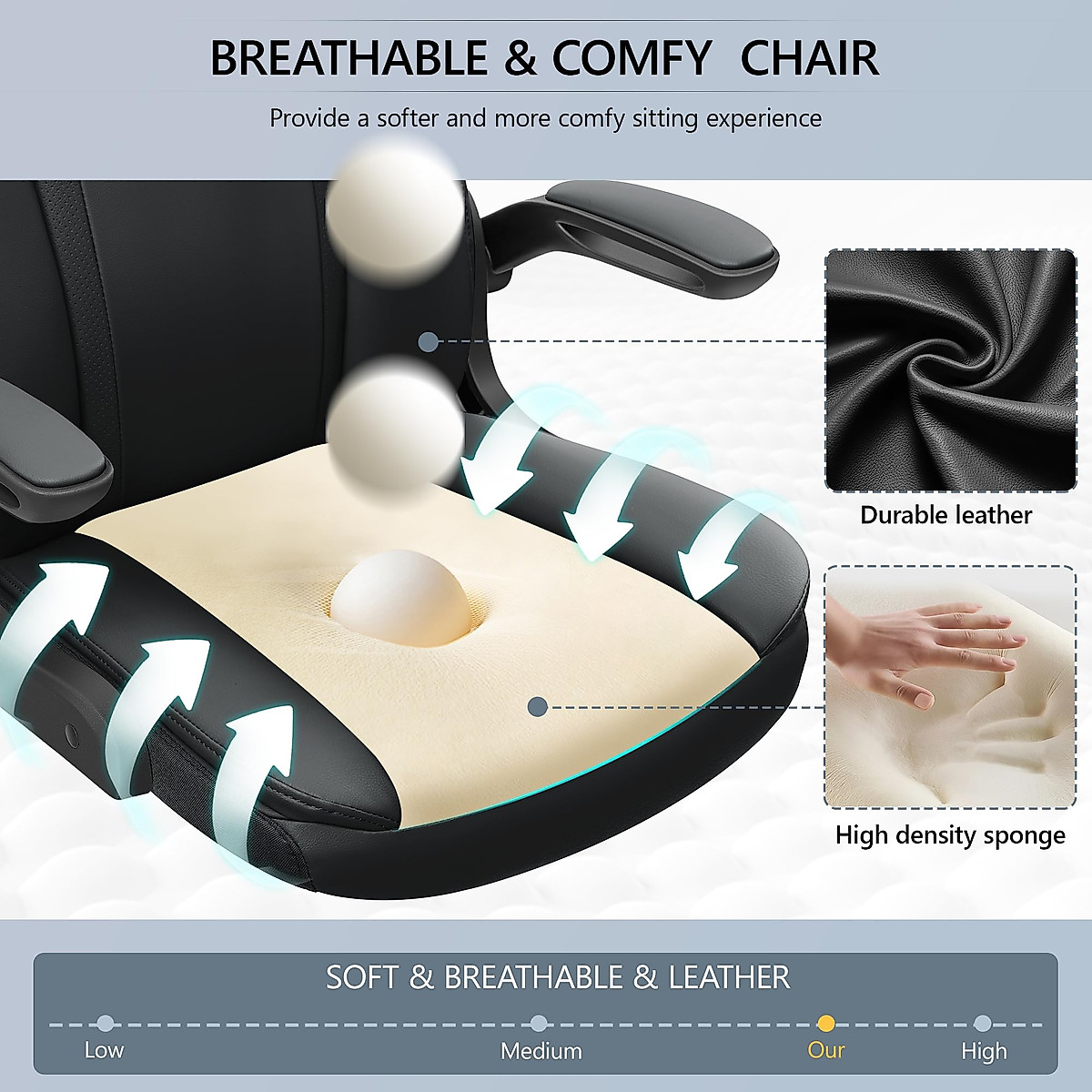 AtHope Office Chair Ergonomic Computer Desk Chair, Executive Leather Office Chair with Adjustable Flip-up Armrests Height, Swivel Task Chair with Lumbar Support Rocking Function for Home Office(Black)