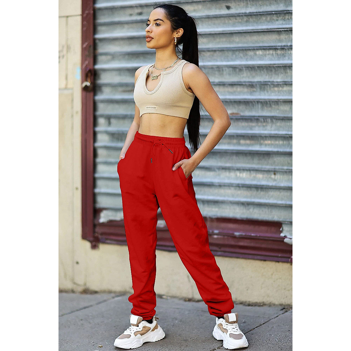 GOKATOSAU Women's Sexy Lounge Stretch Casual Jogger Drawstring Sweatpants with Pockets Red