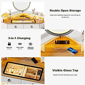 Lvifur Corner Vanity Desk with Mirror and Lights,White Corner Makeup Vanity with Charging Station, 3 Color Led Light Settings, 5 Drawers, and Open Shelves for Bedroom, Women, and Girls