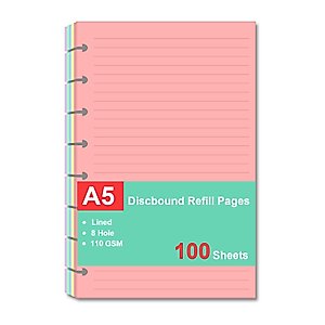 Junior Size Refills Paper, A5 Loose Leaf Paper for TUL Custom Note-Taking System Discbound Notebook Planner Inserts, 5 Colors(20 Sheets/C), Total 100 Sheets/200 Pages, College Ruled, 5.5 X 8.5 Inch