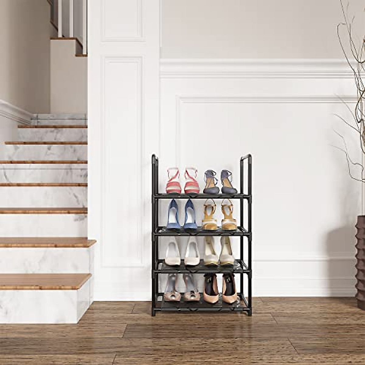 Small Shoe Rack, 4-Tier Narrow Shoe Shelf Storage for Closet Entryway Skinny Shoe Organizer Metal Black Stackable Shoe Stand