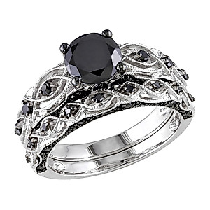 1.39 Carat (ctw) Black Diamond Engagement Ring and Wedding Band Set in 10K White Gold