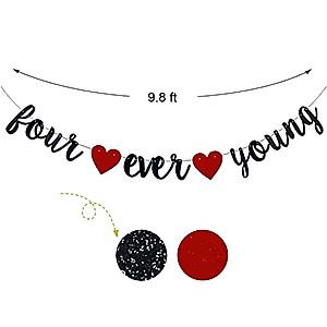 Four Ever Young Banner for 4th Birthday Party Decorations Supplies, Black Glitter Funny 4th Birthday Party Decors,Kids Boys/Girls' 4th Birthday Party Decorations. Pre-Strung Photo Booth Props Sign
