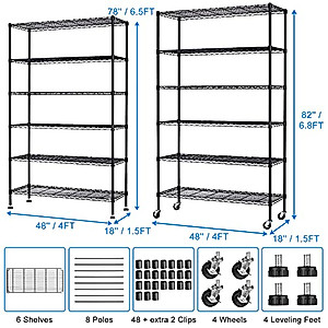 XXkseh Wire Shelving Unit with Wheels, 6 Tier Adjustable Metal Shelving Heavy Duty Storage Shelves 2100 Lbs Capacity 48" L X 18" W X 82" H Metal Shelf for Pantry Kitchen Basement, Black