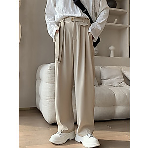 OYOANGLE Men's Fold Pleated Straight Wide Leg Suit Pants Business Casual Pants with Pocket Khaki Large