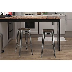 DHP Fusion Metal Backless 30" Barstool with Wood Seat, Distressed Metal Finish for Industrial Appeal, Set of two, Antique Gun Metal