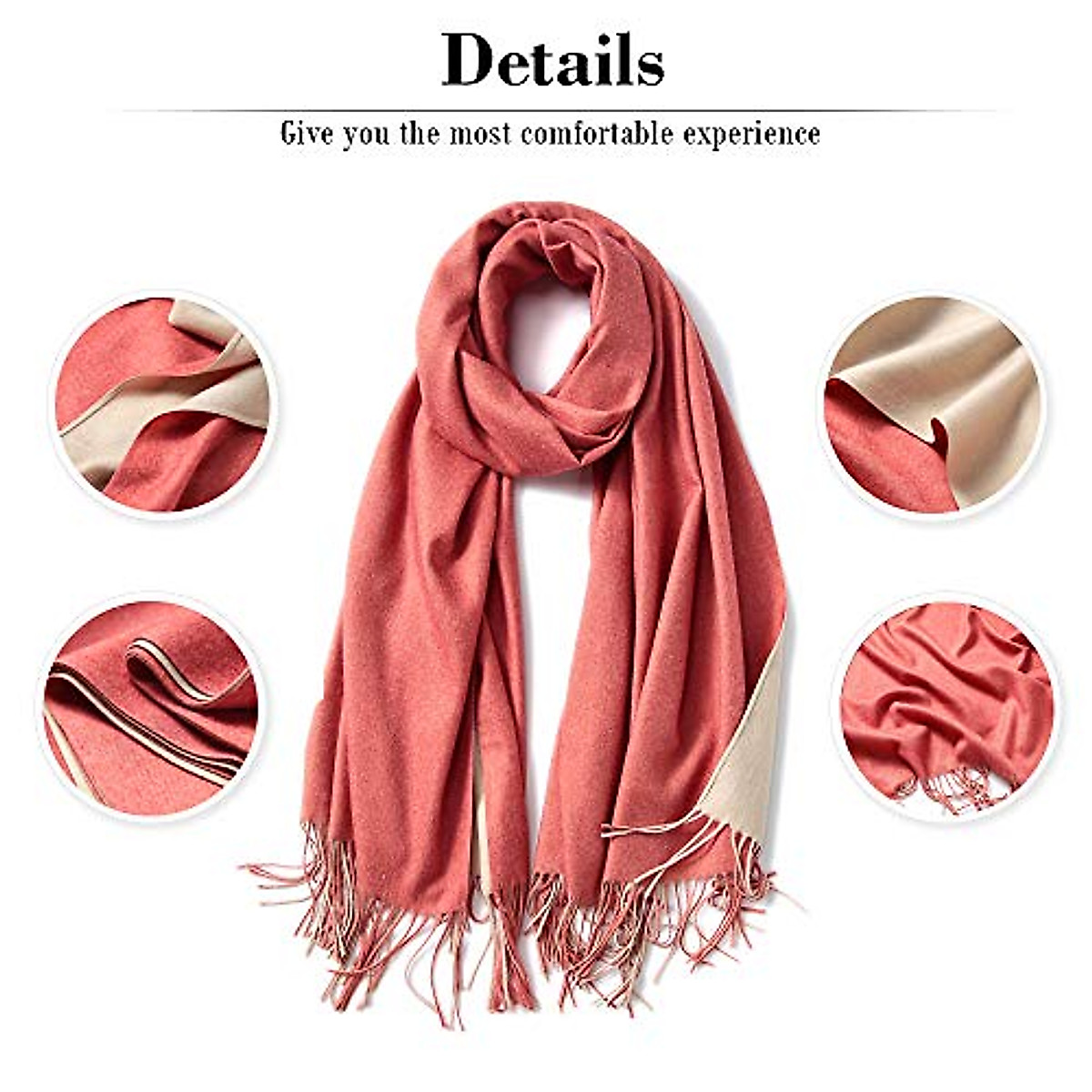 FORTREE Cashmere Feel Warm 2 Tone Shawl - Oversized 78"x28" Wrap Scarf (Coral and Ivory)
