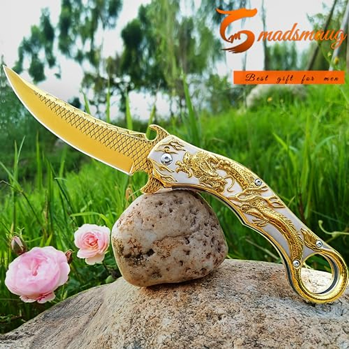 MADSMAUG Pocket Knife, 9Cr18Mo BLADE Pocket Folding Knife With Sheath, Cool 3D Dragon EDC knife, Great Gift Pocket Knife For Men Outdoor Survival Camping (Gold)