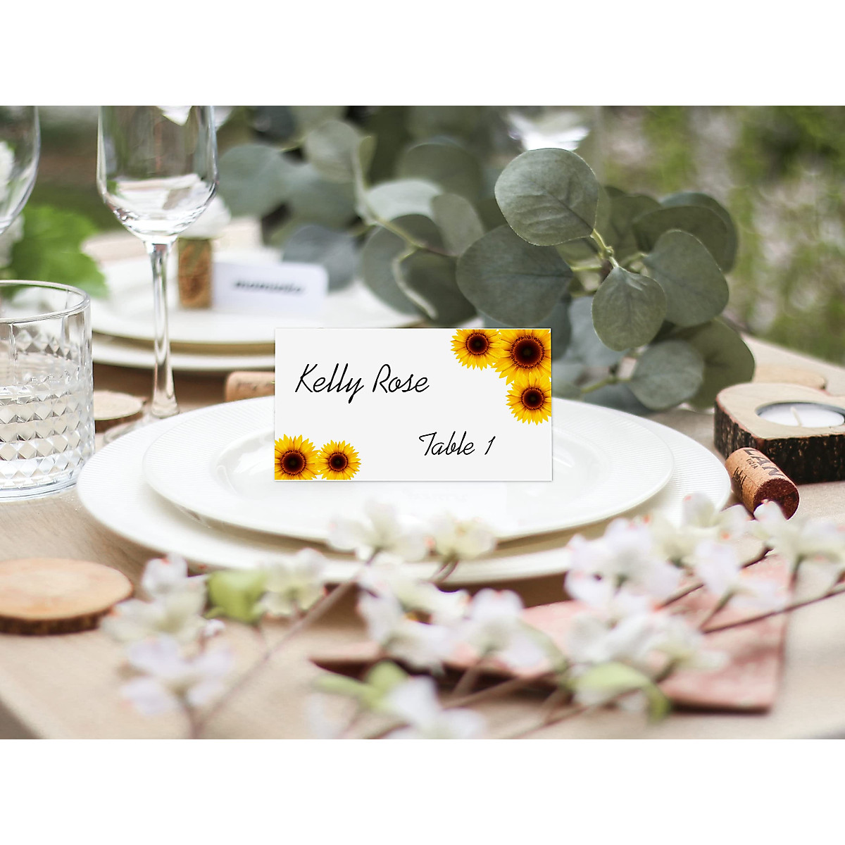 RokAPary Sunflower Tented Table Place Cards, for Wedding, Bridal Shower, Bachelorette or Engagement Party, Dinner Parties, Banquets, Easy Folding, 2"x3.5" Pack of 50 Cards, Made in USA