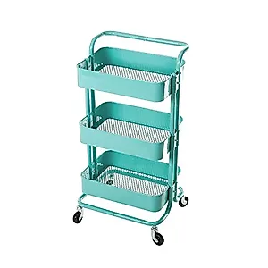 HollyHOME 3-Tier Metal Utility Service Cart Rolling Storage Shelves with Handles, Storage Utility Cart, Blue