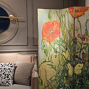 HOZUSO Room Divider Wood Privacy Screens Van Gogh's Butterflies and Poppies Painting Canvas 3-Panel Foldable Portable Separating Divider Room Partitions Freestanding Home Decor 71'' High