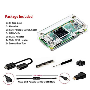 iUniker Raspberry Pi Zero Case, Case for Raspberry Pi Zero 2 w, with Heatsink, HDMI Adapter, OTG Cable, Header, ScrewDriver, Power Switch for Pi Zero 2 w/w (Clear)