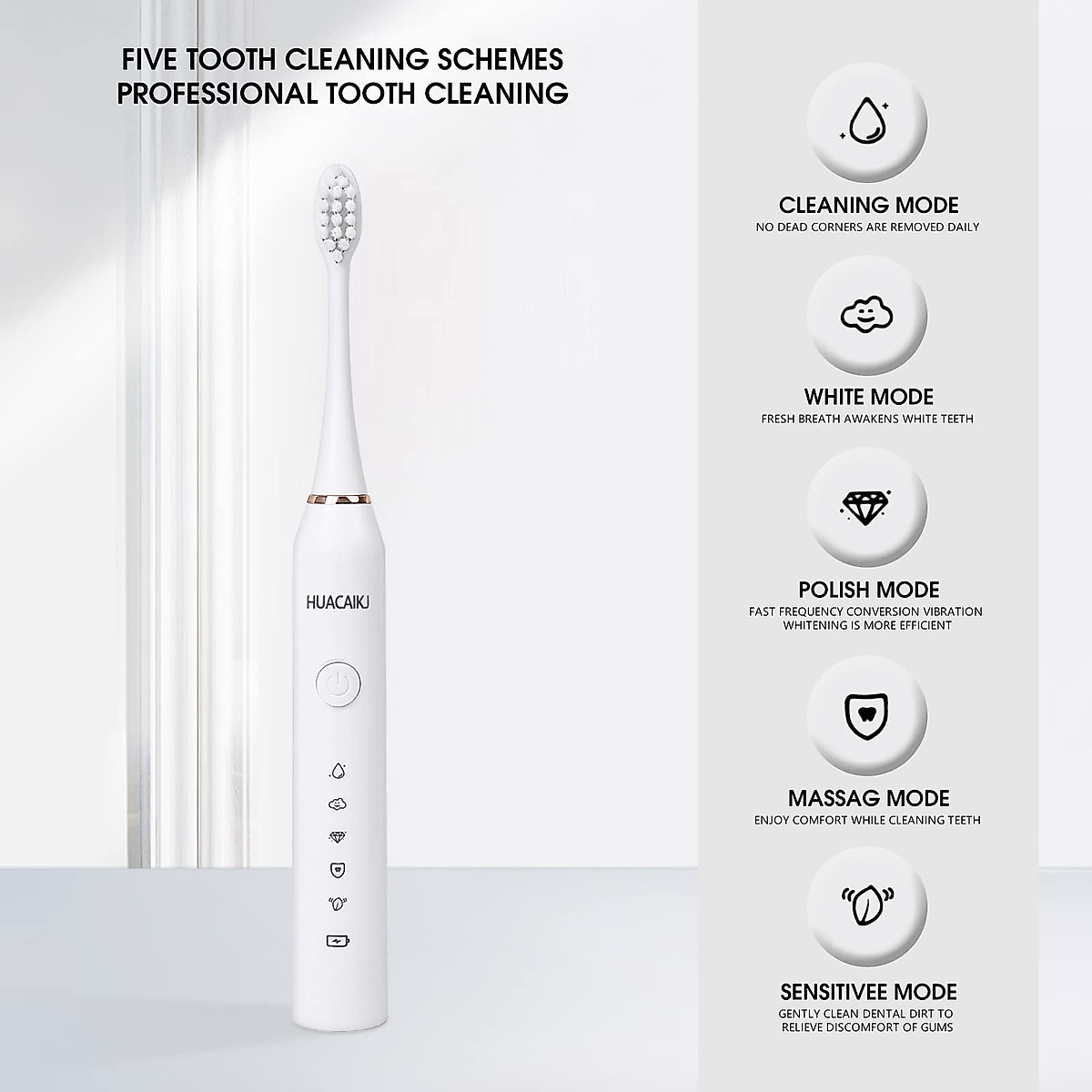 HUACAIKJ Automatic Touch Control 5-Speed Adult Models Sonic Rechargeable Dental Cleaning Electric Toothbrush (White)