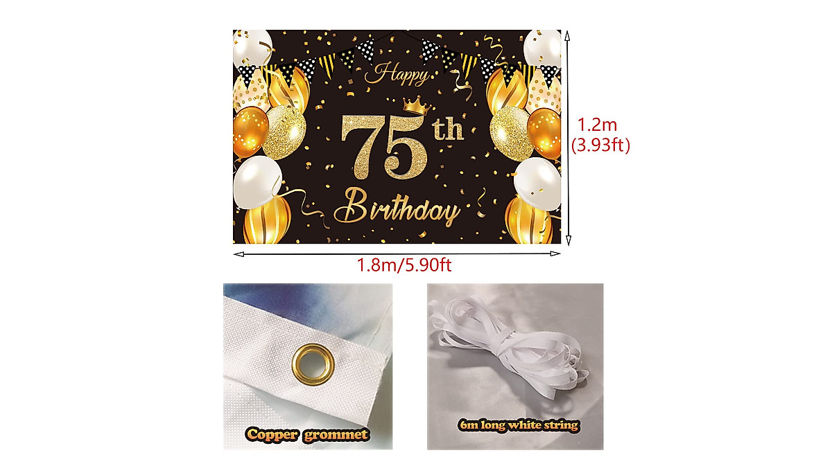 75th Birthday Banner Black & Gold - Elegant Party Decor & Backdrop