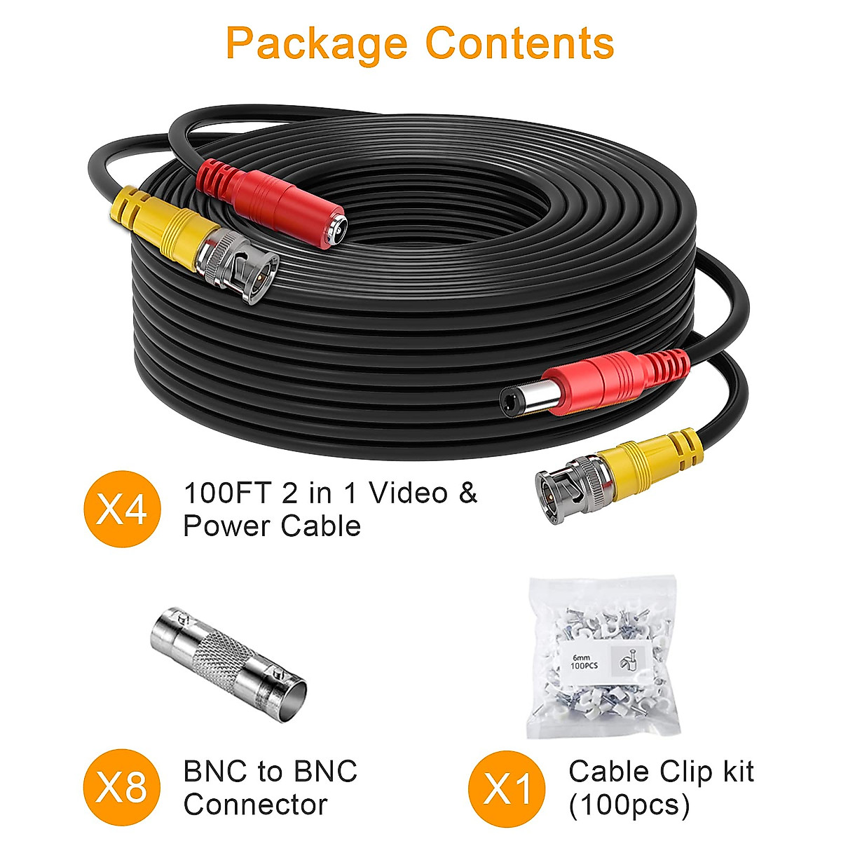 WILDHD BNC Cable 4x100FT, All-in-One Siamese Video and Power Security Camera Wire, Camera Cable for All Max 5MP HD CCTV DVR Surveillance System (100FT 4PACK, Black)