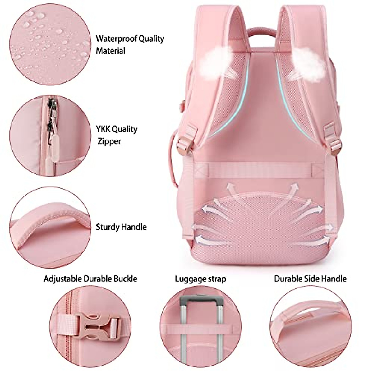 Travel Backpack for Men Women 17 Inch Flight Approved Carry on Backpack Waterproof Large 40L Luggage Daypack Business College Weekender Overnight Laptop Backpack with 3 Packing Cubes, Pink