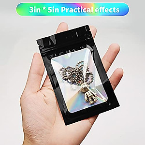100 pack mylar bags holographic smell proof packaging bag for small bussiness resealable zipper sealable pouch bags sample, jewelry, lipgloss, food,soap,electronic supplies（3×5 inch,black）