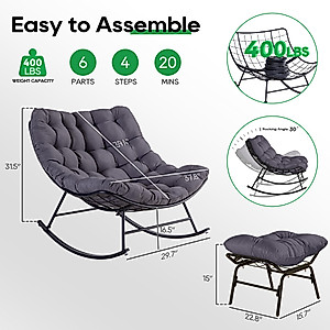 PORWEY Patio Rocking Papasan Chair, Outdoor & Indoor Egg Reading Recliner Chair, Oversized Royal Comfy Lounge Rocker with Large Cushion and Ottoman for Bedroom, Living Room, Porch, Gray