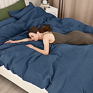 PHF Waffle Duvet Cover Queen Size, Ultra Soft Cotton Blend Comforter Cover Set, Comfy Breathable and Decorative Duver Cover Set with Pillow Shams Bedding Collection, 90"x90", Navy Blue