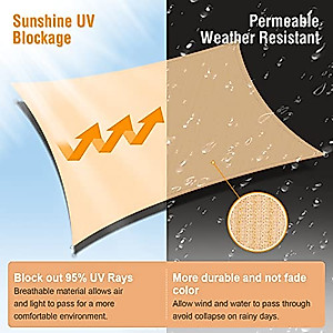 UIRWAY Sun Shade Sail 12x16FT Rectangle Canopy, 95% UV Block, 185GSM Breathable Sunshade for Patio, Garden, Pergola, Backyard - Sand